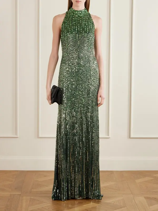 Jenny Packham Benue Sequin-embellished Mesh Halterneck Gown - Green