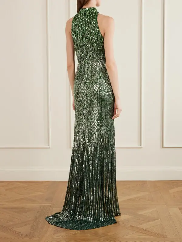 Jenny Packham Benue Sequin-embellished Mesh Halterneck Gown - Green
