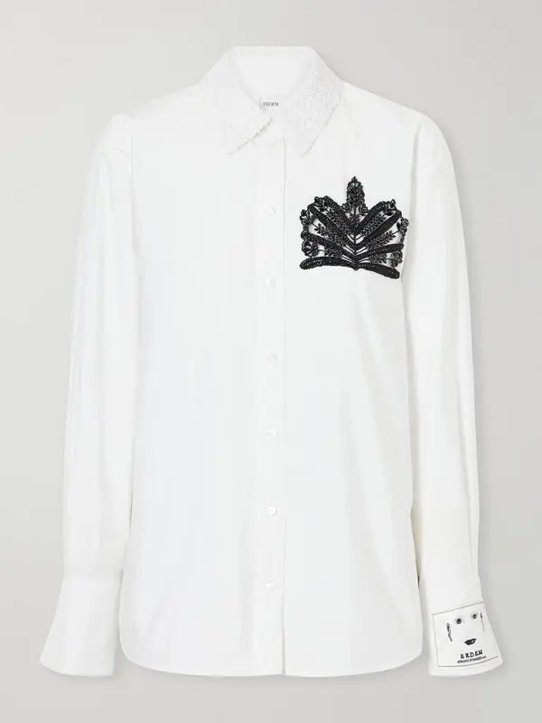 Erdem Embellished Lace-trimmed Organic Cotton-poplin Shirt