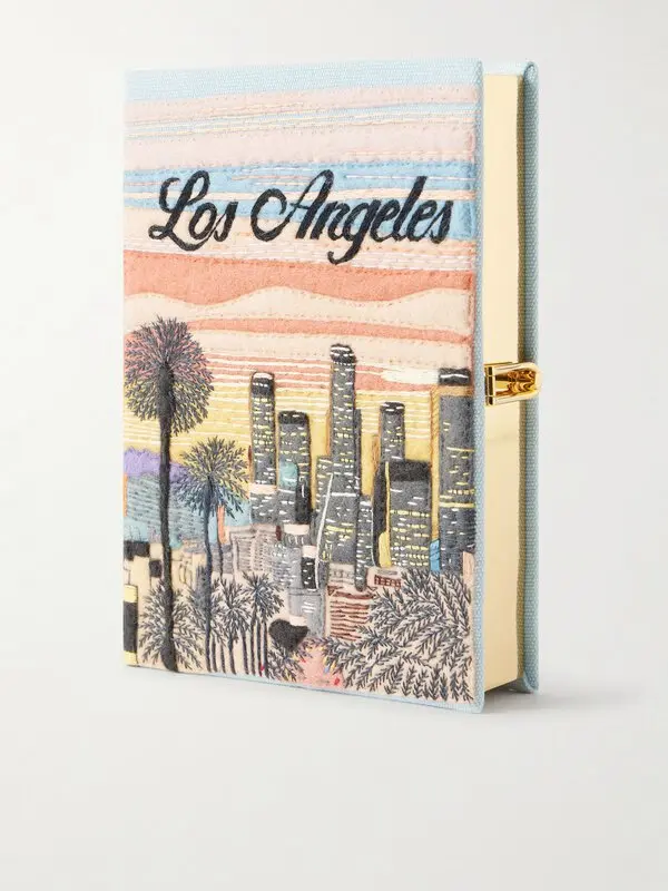 OLYMPIA LE-TAN Los Angeles Appliquéd Embroidered Canvas Clutch - Pink