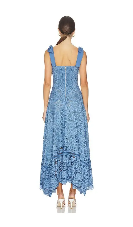 alice and olivia blue dress FLORENCE SPAGHETTI STRAP GOWN in DREAM FLORAL ROYALTY while the smocked back keeps the fit comfortable Alice + Olivia Rosalee Lace