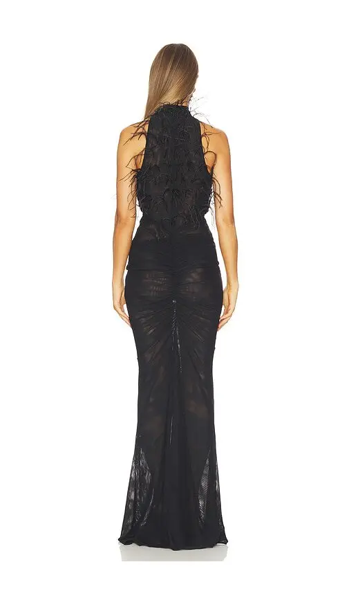 Lapointe Feather Embroidery Sleeveless Halter Ruched Gown