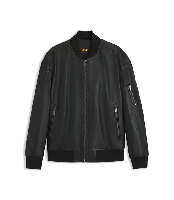 BOSS Leather Bomber Jacket With Sleeve Pocket