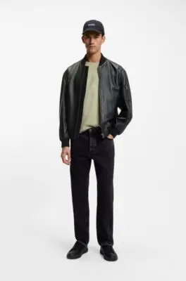 BOSS Leather Bomber Jacket With Sleeve Pocket
