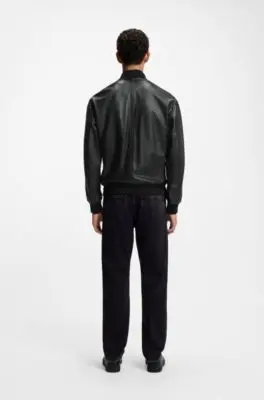 BOSS Leather Bomber Jacket With Sleeve Pocket