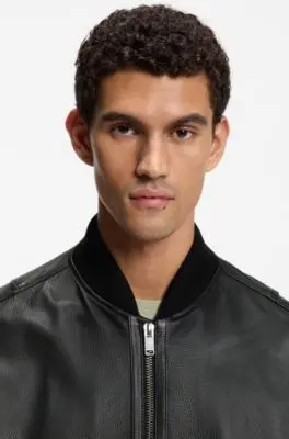 BOSS Leather Bomber Jacket With Sleeve Pocket