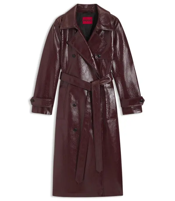 Hugo Faux-leather Trench Coat With Double-breasted Closure - Dark Red