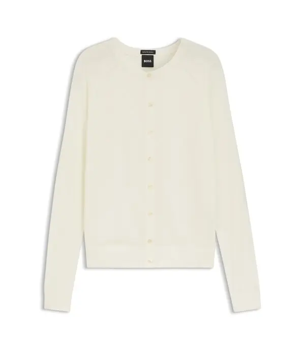 BOSS Crewneck Cardigan In Superfine Merino Wool - White