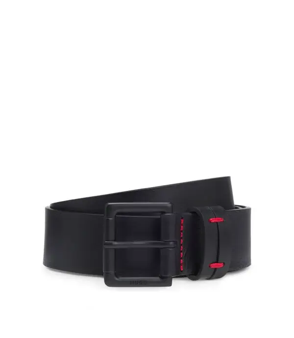Hugo Italian Leather Belt With Red Stitching - Black