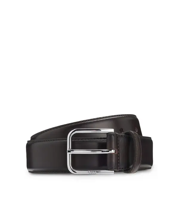 BOSS Leather Business Belt With Polished Silver Buckle - Dark Brown