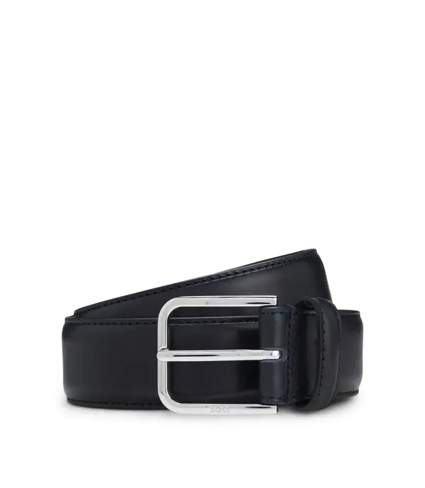 BOSS Leather Business Belt With Polished Silver Buckle - Dark Blue
