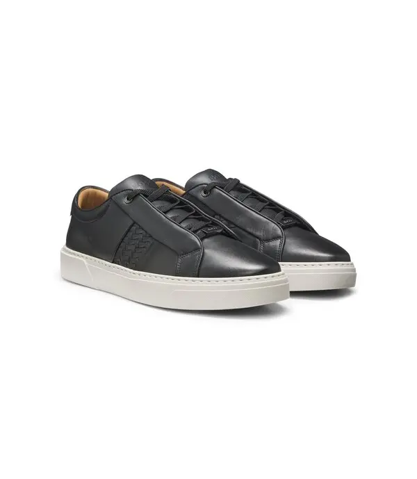 BOSS Low-top Leather Trainers With Woven Detail - Black