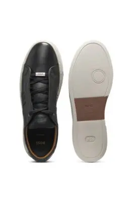 BOSS Low-top Leather Trainers With Woven Detail - Black