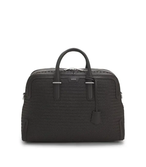 BOSS Woven Leather Holdall With Logo - Dark Brown