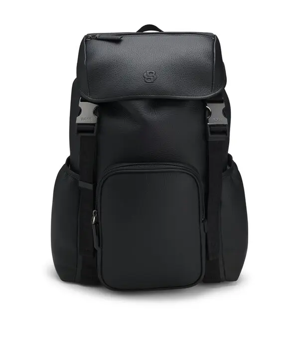 BOSS Italian-leather Backpack With Monogram - Black