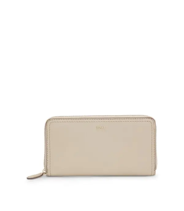 BOSS Zippered Wallet In Grained Leather With Metallic Logo Lettering - Light Beige