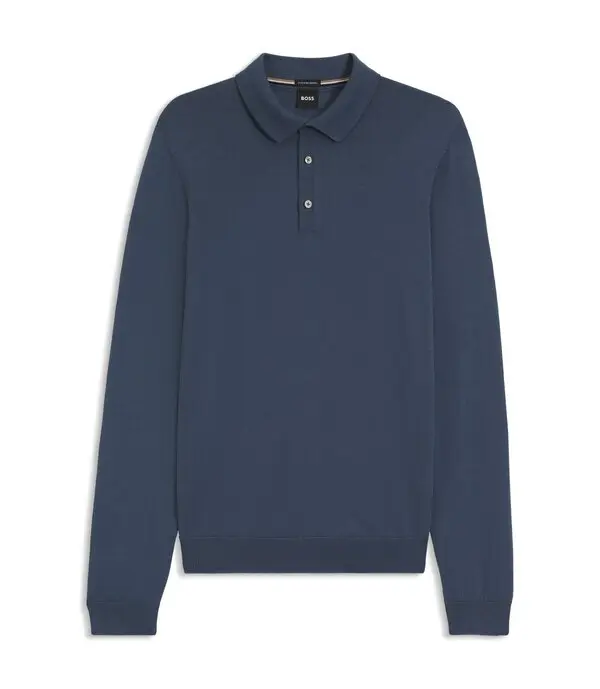 BOSS Knitted Polo Sweater In Virgin Wool - Light Blue