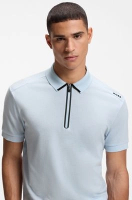 BOSS Framed-zip Polo Shirt In Waffle Jacquard - Light Blue
