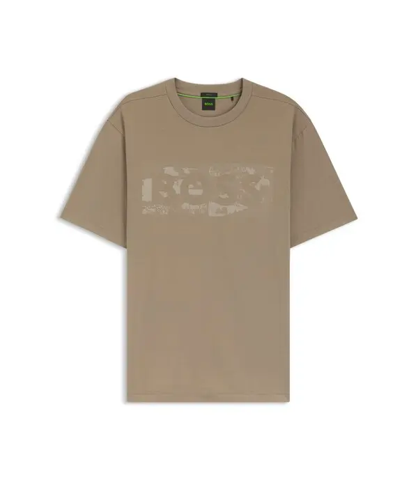 BOSS Logo-artwork T-shirt In Stretch Cotton - Light Green