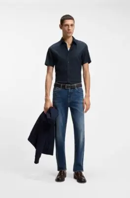 BOSS Slim-fit Shirt In Stretch Linen - Dark Blue