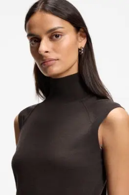 BOSS Sleeveless Mock-neck Sweater In Merino Wool - Dark Brown