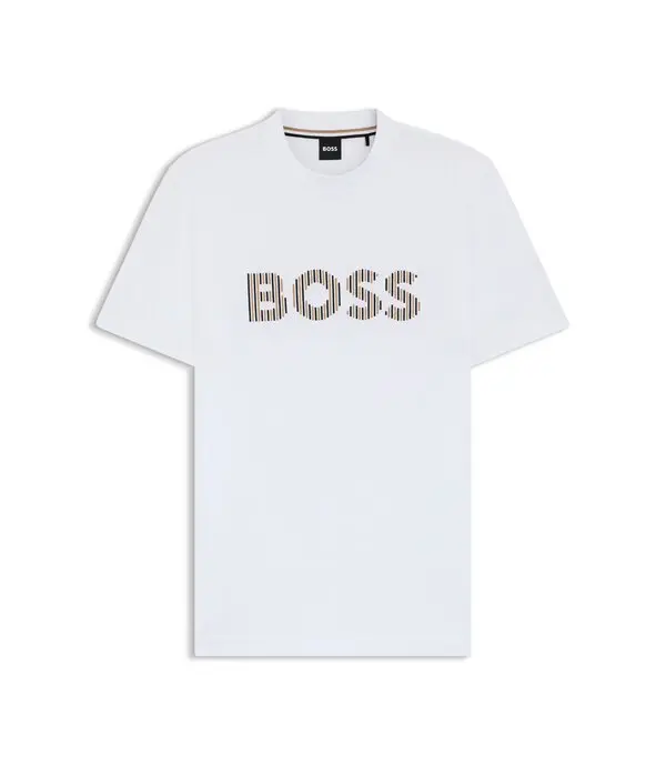 BOSS Stripe-artwork T-shirt In Cotton Jersey - White