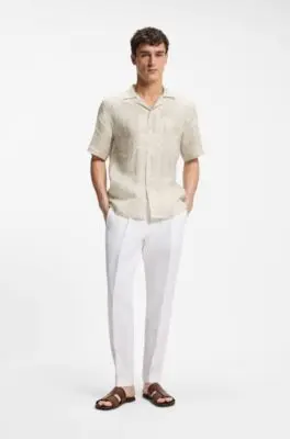 BOSS Regular-fit Shirt In Palm-print Italian Linen - Beige