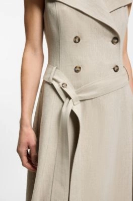 BOSS Double-breasted Wrap Dress In Herringbone Linen Blend