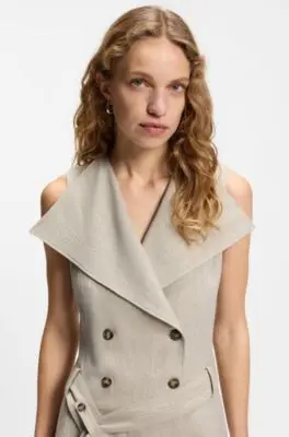 BOSS Double-breasted Wrap Dress In Herringbone Linen Blend - Patterned