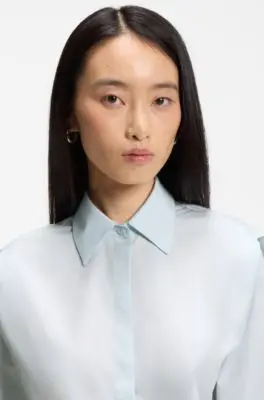 BOSS Cropped Relaxed-fit Cotton Poplin Blouse - Light Blue