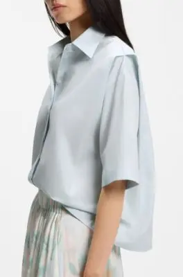 BOSS Cropped Relaxed-fit Cotton Poplin Blouse - Light Blue