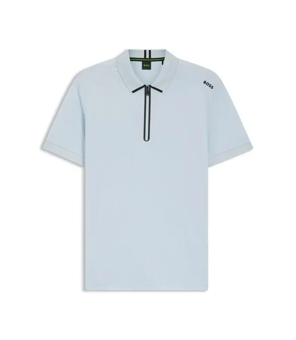 BOSS Framed-zip Polo Shirt In Waffle Jacquard - Light Blue