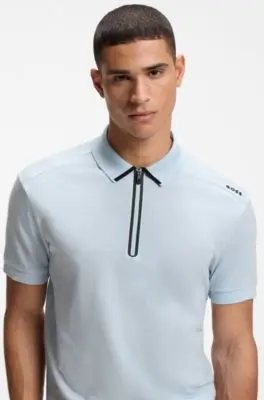 BOSS Framed-zip Polo Shirt In Waffle Jacquard - Light Blue