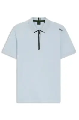 BOSS Framed-zip Polo Shirt In Waffle Jacquard - Light Blue