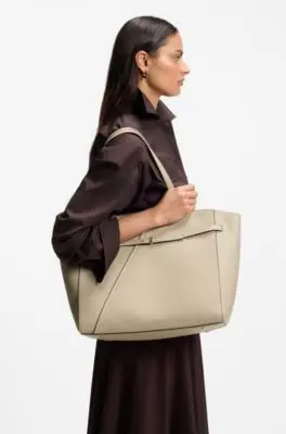 BOSS Revers Leather Tote Bag With Belt Detail - Light Beige