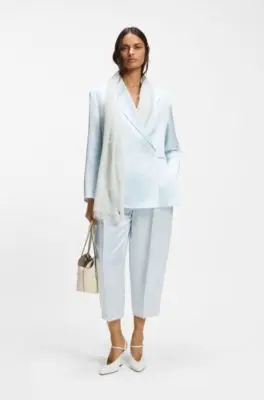 BOSS Lightweight Wool Scarf With Fringed Trims - Light Blue
