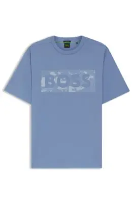 BOSS Logo-artwork T-shirt In Stretch Cotton - Light Blue