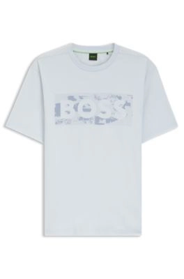 BOSS Logo-artwork T-shirt In Stretch Cotton - Light Blue