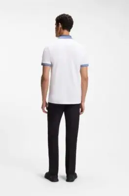 BOSS Stripe-trim Polo Shirt In Stretch Cotton - White