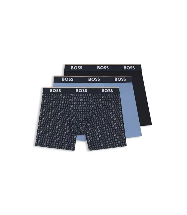 BOSS Three-pack Of Stretch-cotton Boxer Briefs With Logo Waistband - Light Blue