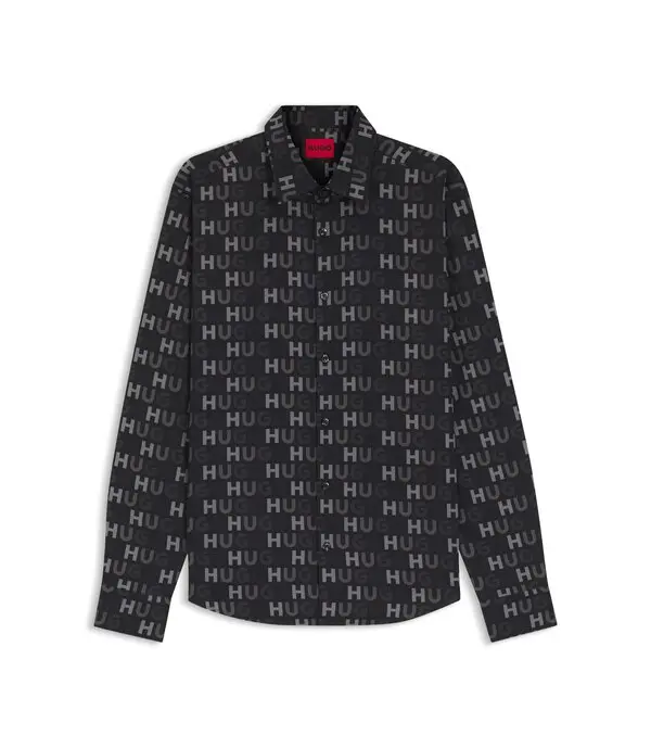 Hugo Printed Slim-fit Shirt In Cotton Poplin