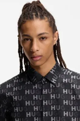 Hugo Printed Slim-fit Shirt In Cotton Poplin