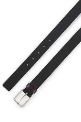 Hugo Italian Leather Belt With Red Stitching And Engraved Buckle