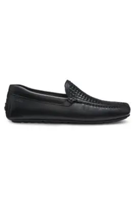 BOSS Leather Moccasins With Woven Vamp - Black