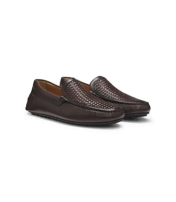 BOSS Leather Moccasins With Woven Vamp - Dark Brown