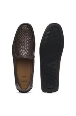 BOSS Leather Moccasins With Woven Vamp - Dark Brown
