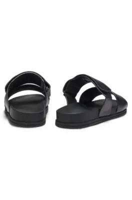 BOSS Leather Slides With Riptape Strap - Black