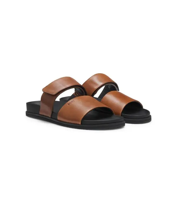 BOSS Leather Slides With Riptape Strap - Dark Brown