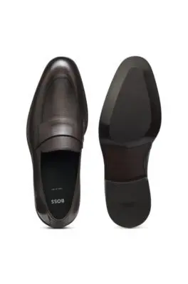 BOSS Leather Loafers With Penny Trim - Dark Brown