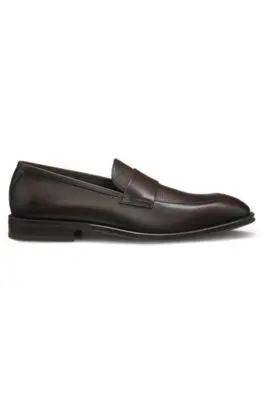 BOSS Leather Loafers With Penny Trim - Dark Brown